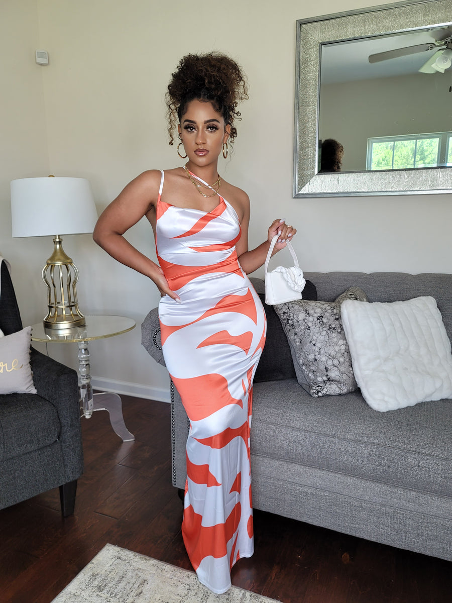 Mrs. Miami | Art District Orange & White Slant Halter Maxi Dress ...